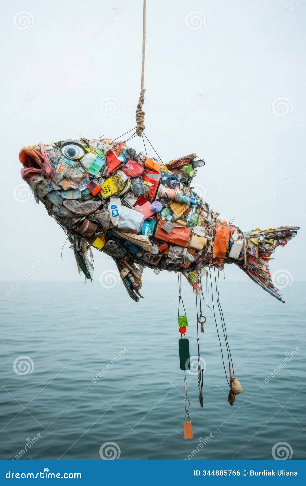 A Large Fish Sculpture Made from Plastic Waste Dangling Over the Water ...