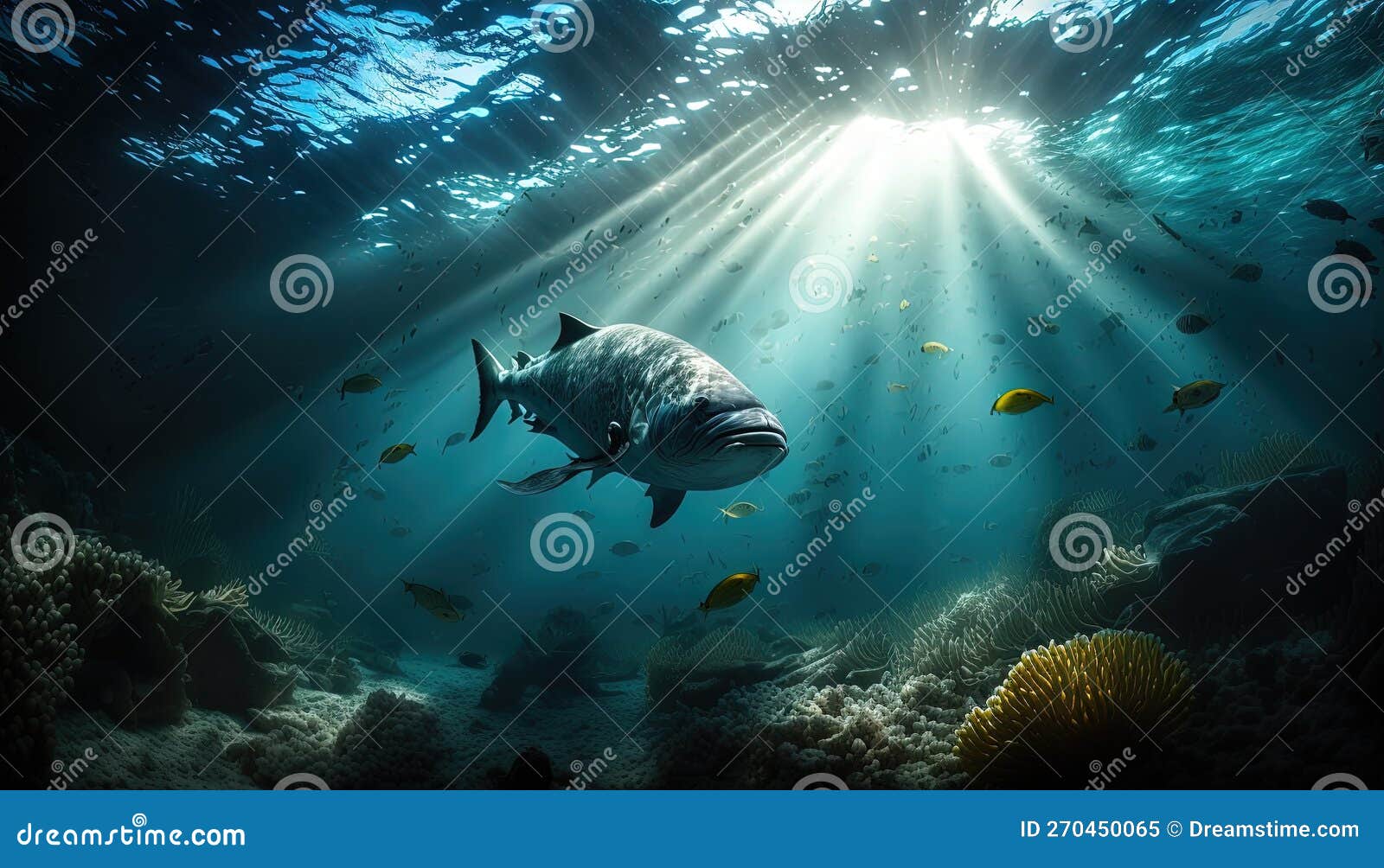 A Large Fish Swimming in the Ocean with Sunlight Streaming through the ...