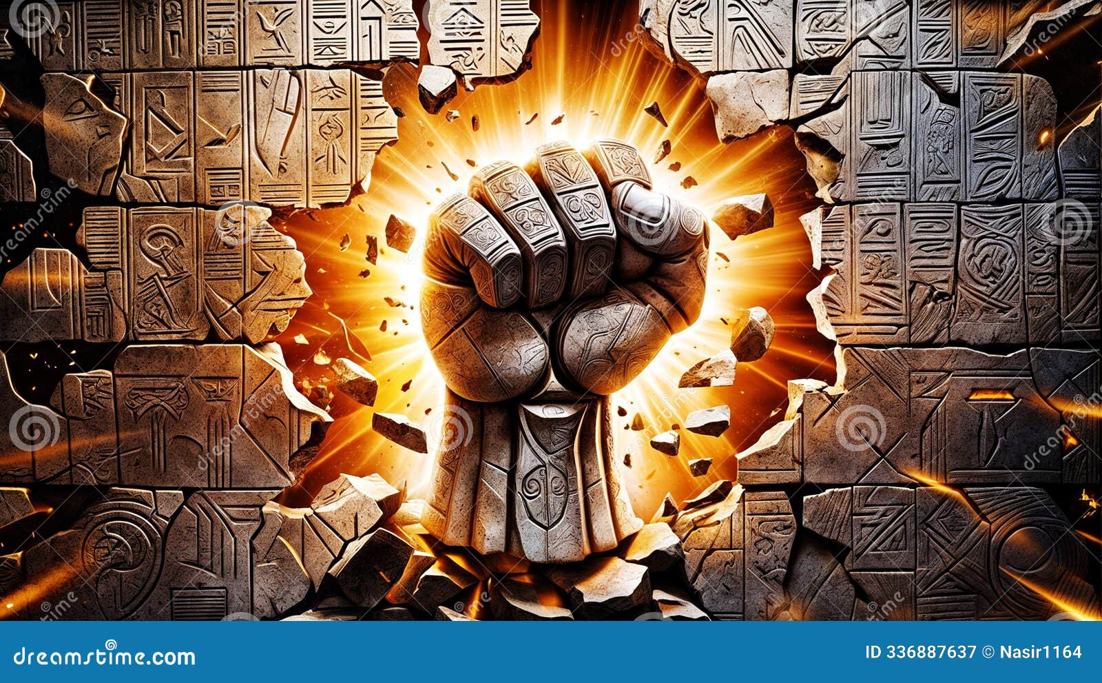 A Large Fist Made of Stone, Which is Breaking through a Stone Wall ...
