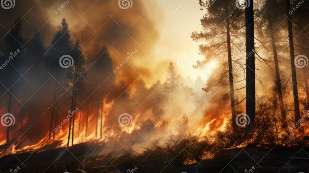 Forest fire in progress stock illustration. Illustration of trunk ...