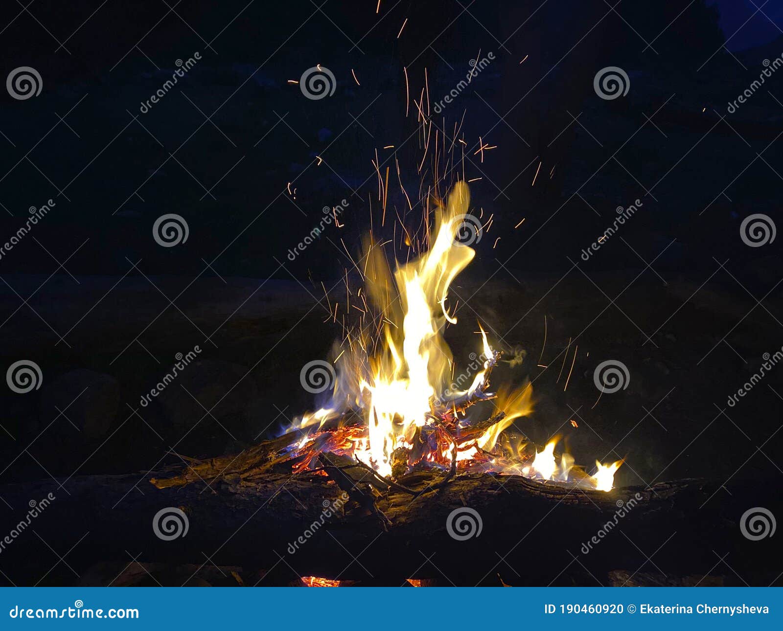 Large Flaming Bonfire with Sparks and Particles in Front of the Forest ...