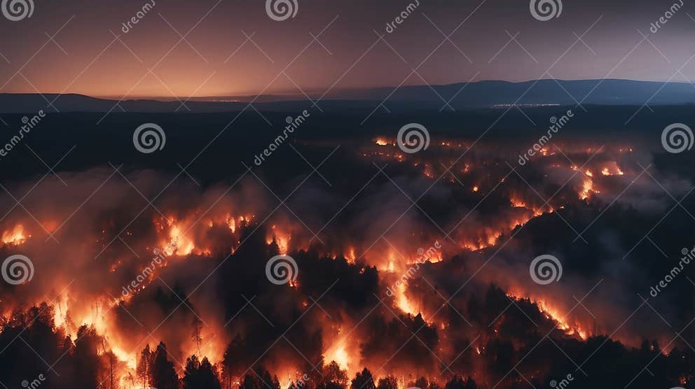 A Large Forest Burns at Night on Several Hectares Stock Illustration ...