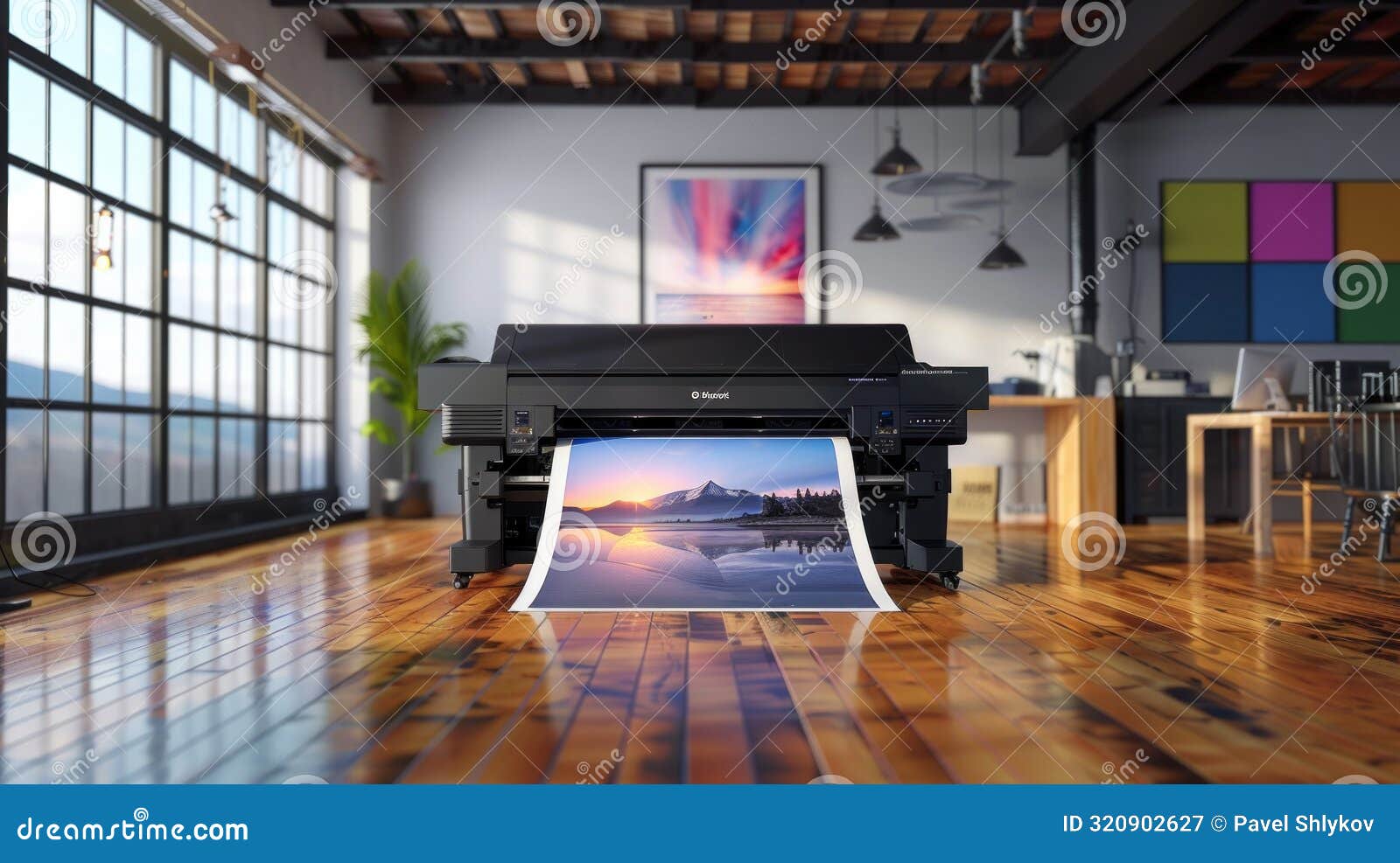 Large Format Inkjet Printer in Printshop Interior on Wood Floor ...
