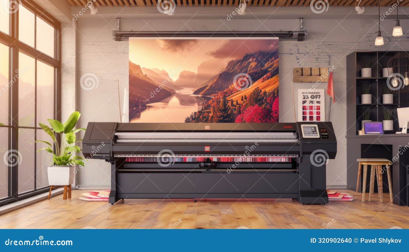 Large Format Inkjet Printer in Printshop Interior on Wood Floor ...