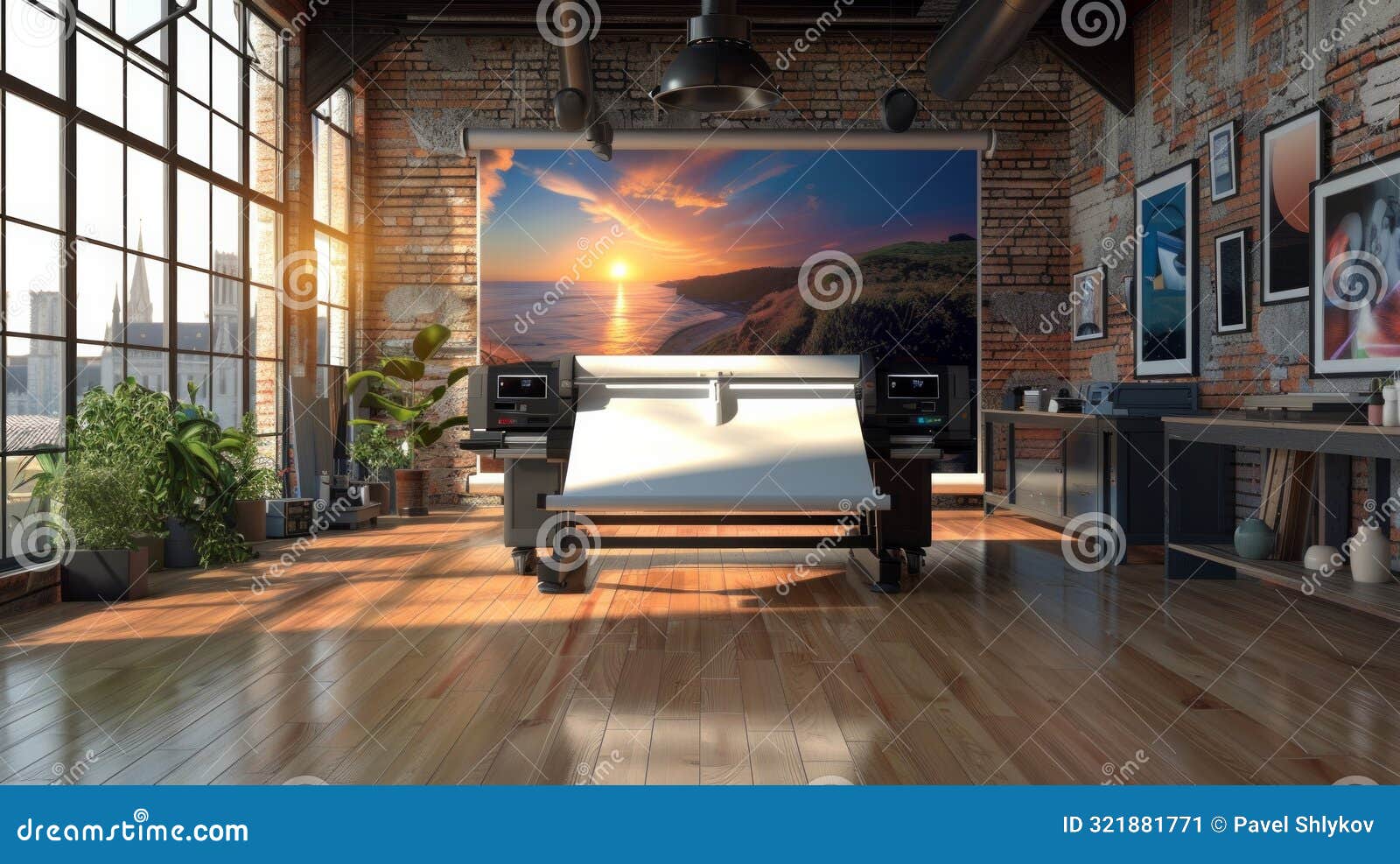 Large Format Inkjet Printer in Printshop Interior on Wood Floor ...