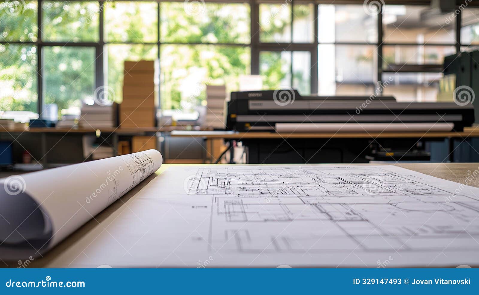 Large Format Printer Printing Architectural Blueprints in Modern Office ...