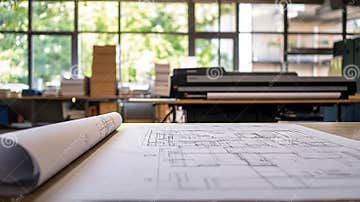 Large Format Printer Printing Architectural Blueprints in Modern Office ...
