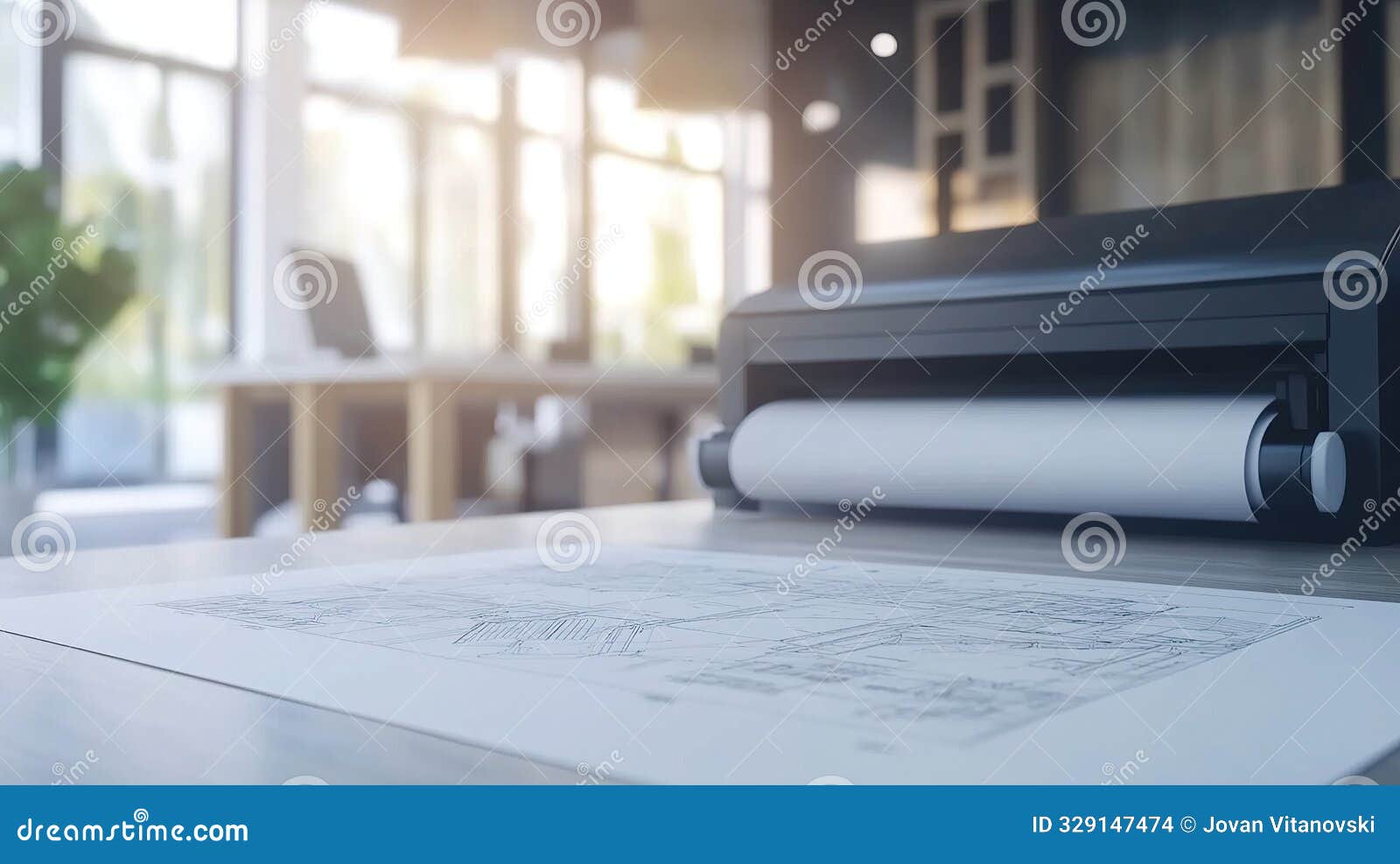Large Format Printer Printing Blueprints in Modern Office Stock ...