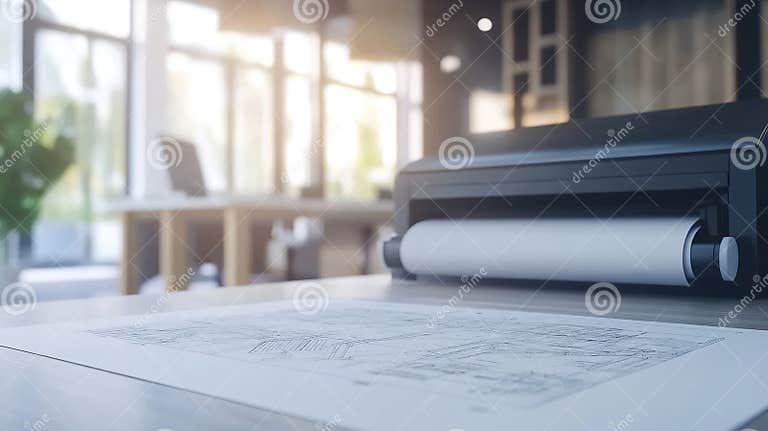 Large Format Printer Printing Blueprints in Modern Office Stock ...