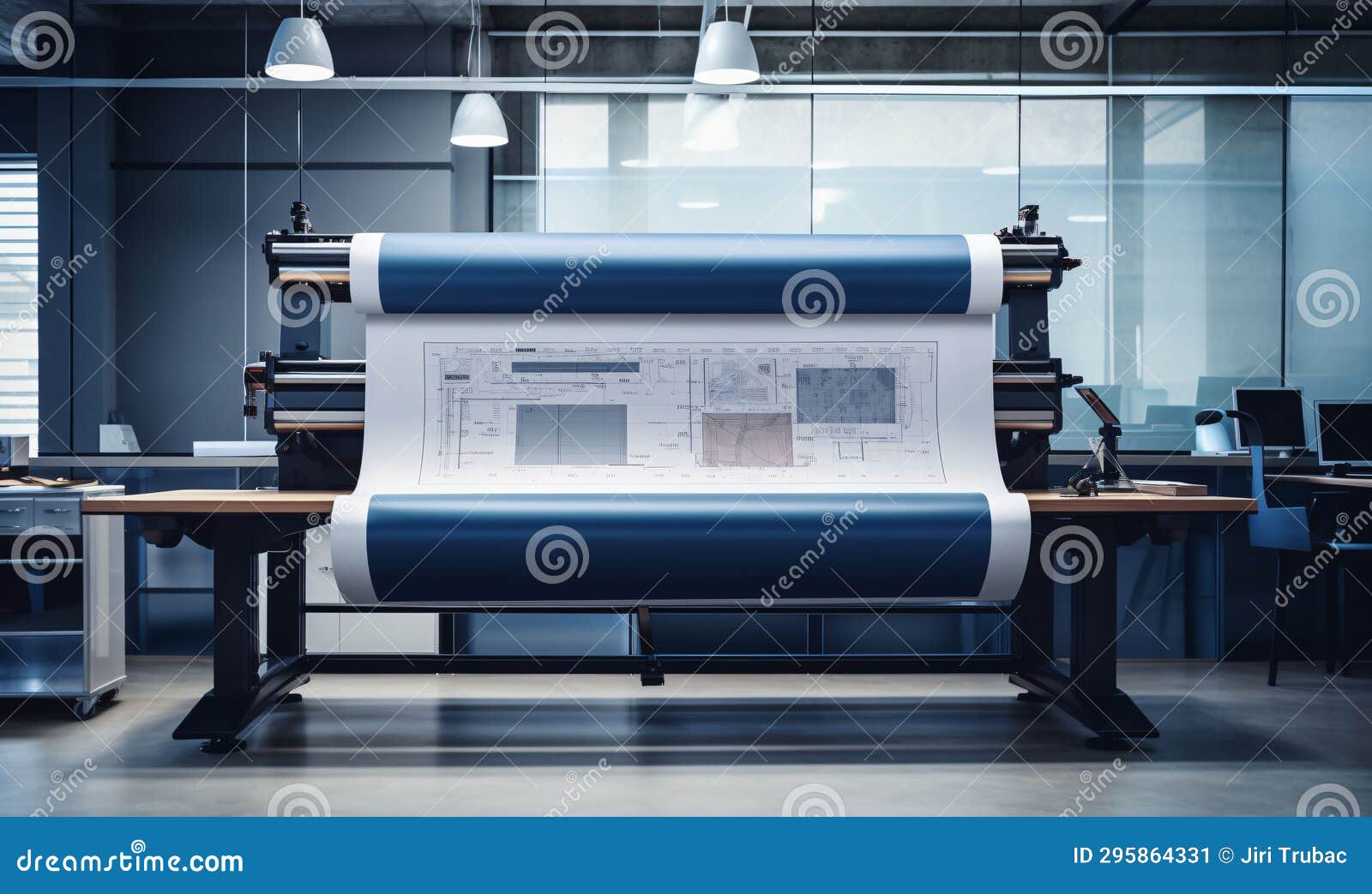 A Large Format Printer Prints A Map Or Building Plans On A Roll Of ...