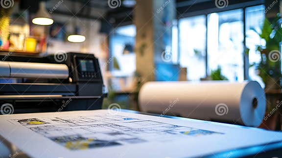 Large Format Printer Producing Detailed Blueprints in Modern Workspace ...
