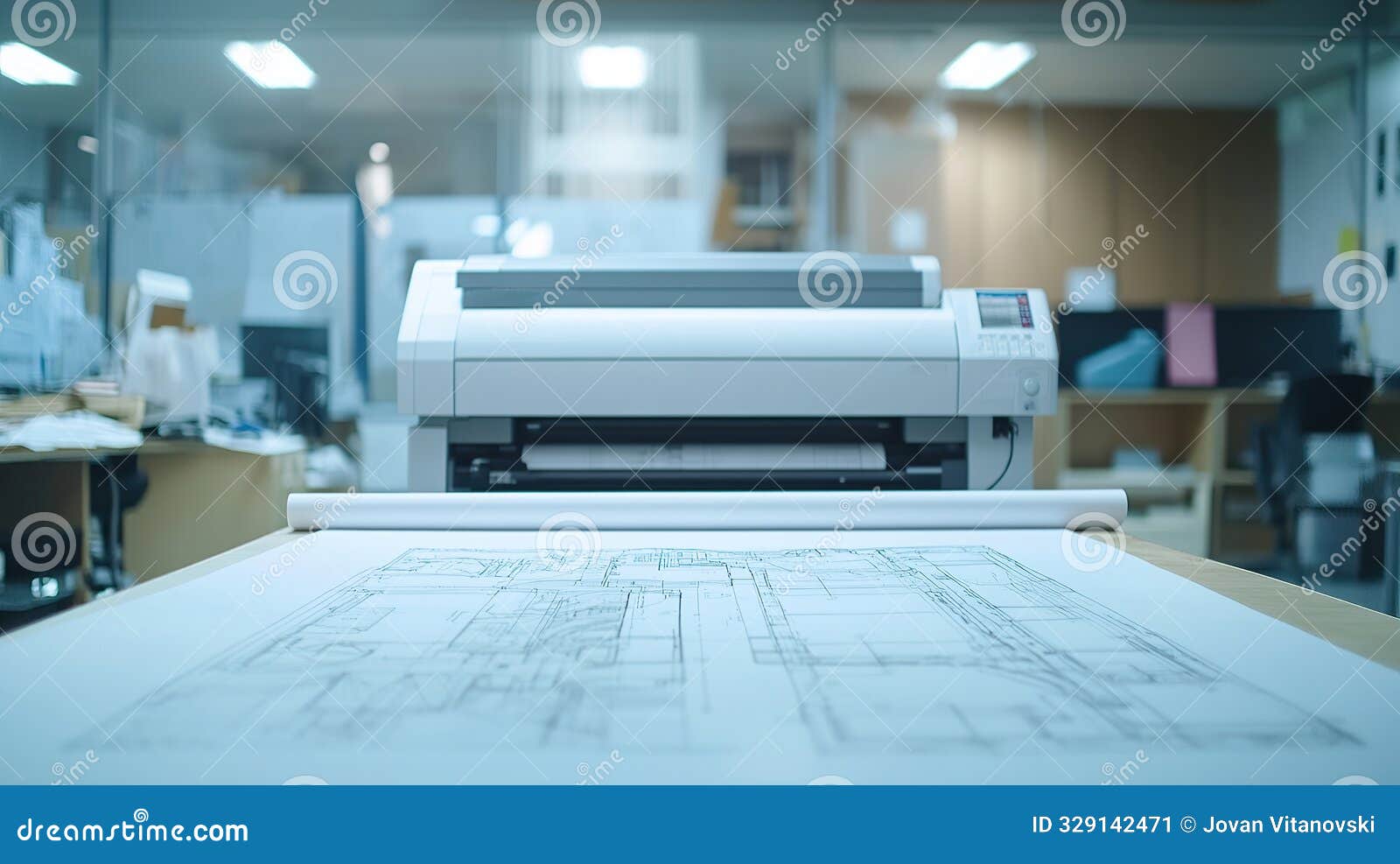Large Format Printer Printing Blueprints in Modern Office Stock ...