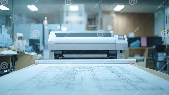 Large Format Printer Printing Blueprints in Modern Office Stock ...