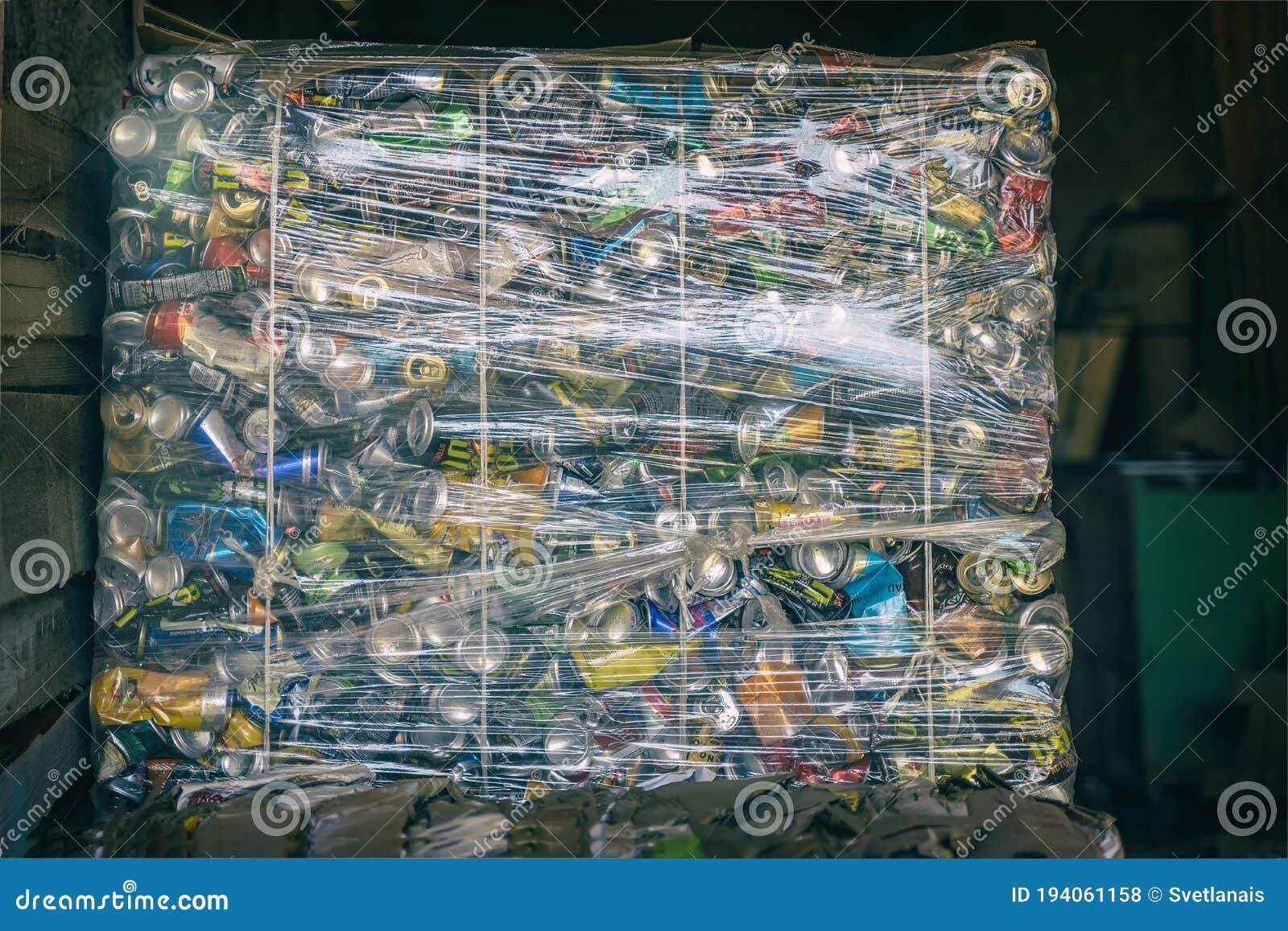 Large Container Full of Compressed Aluminium Cans. Recycling Garbage ...