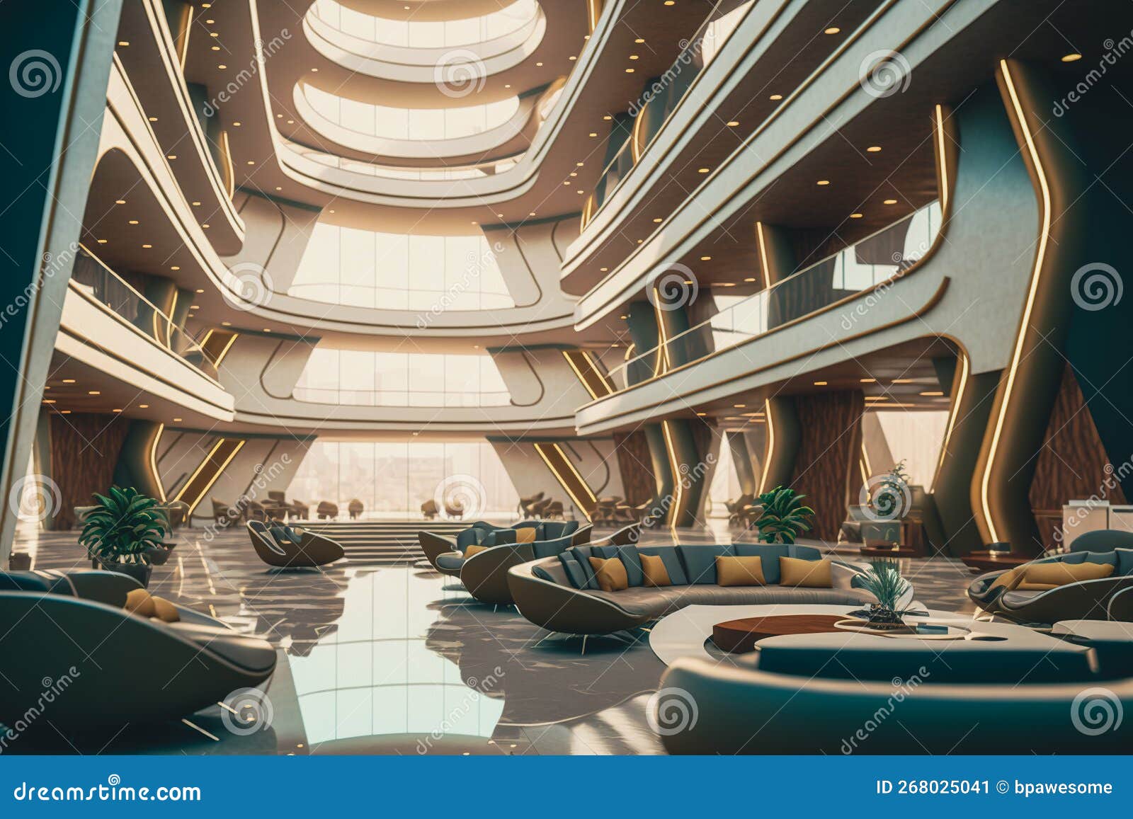A Large Futuristic Hotel Lobby with Big Windows, Generative AI Stock ...