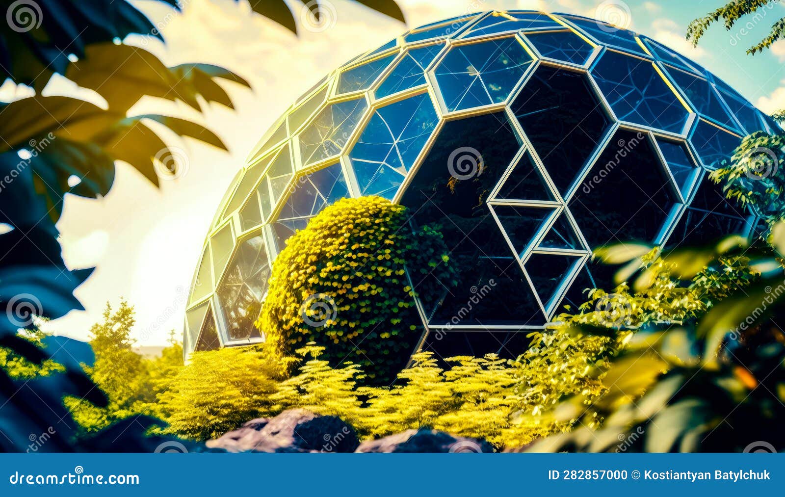 Large Glass Dome Sitting In The Middle Of Lush Green Field Next To Forest Generative Ai Stock
