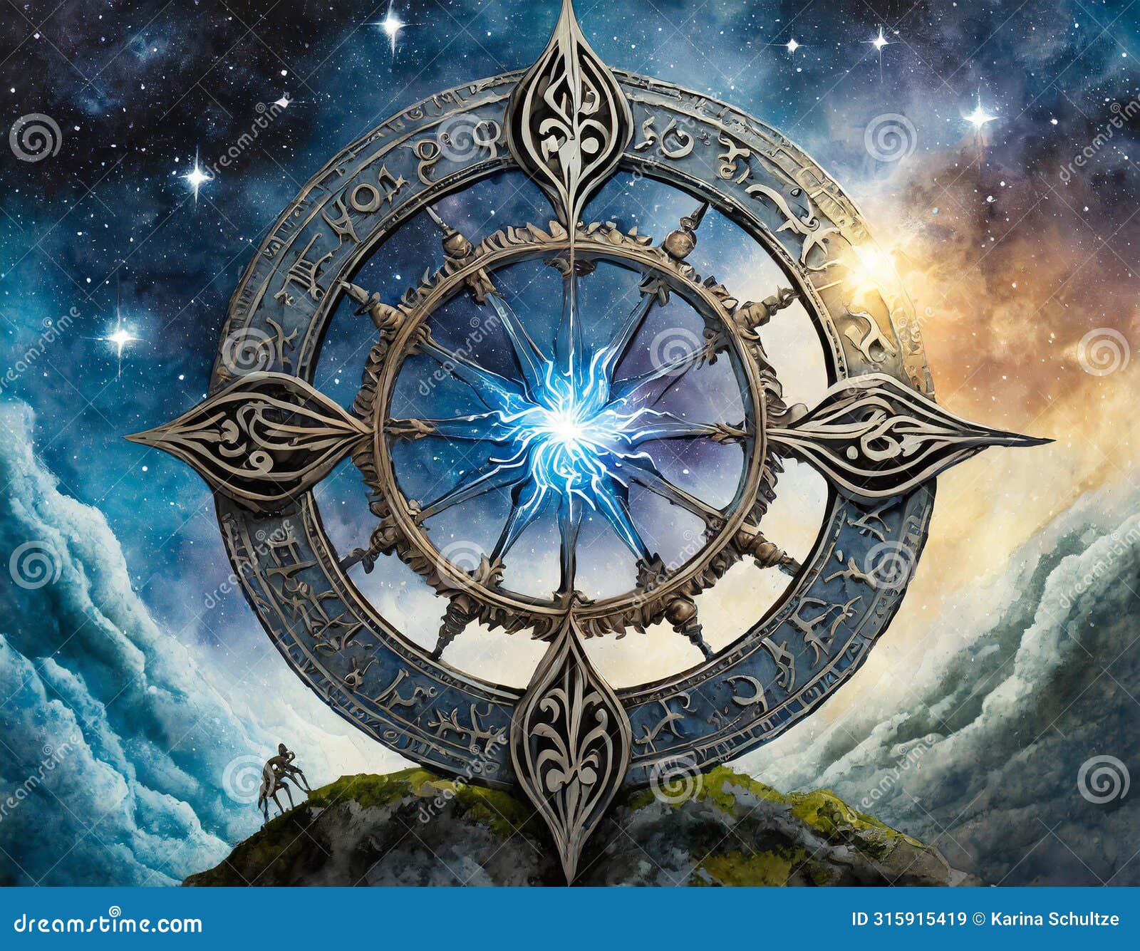 A Large, Glowing Compass with a Blue Light in the Center Stock ...