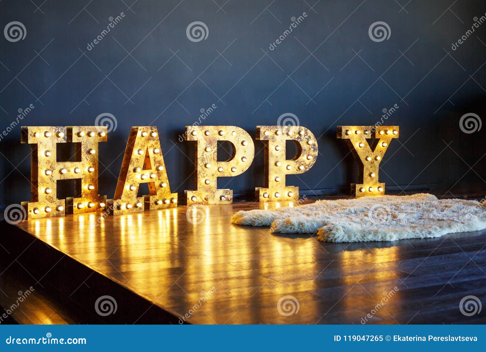 Large Glowing Letters Happy in the Interior Stock Image - Image of ...