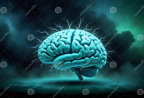 A Large Glowing Turquoise Brain Floating in a Dark Background Stock ...