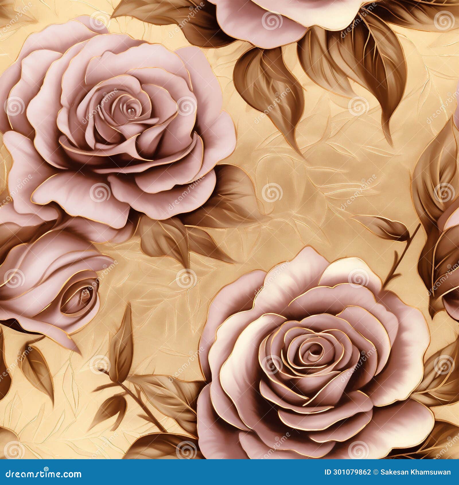 Gold Roses are Painted on Tan Wallpaper in the Style of Seamless ...