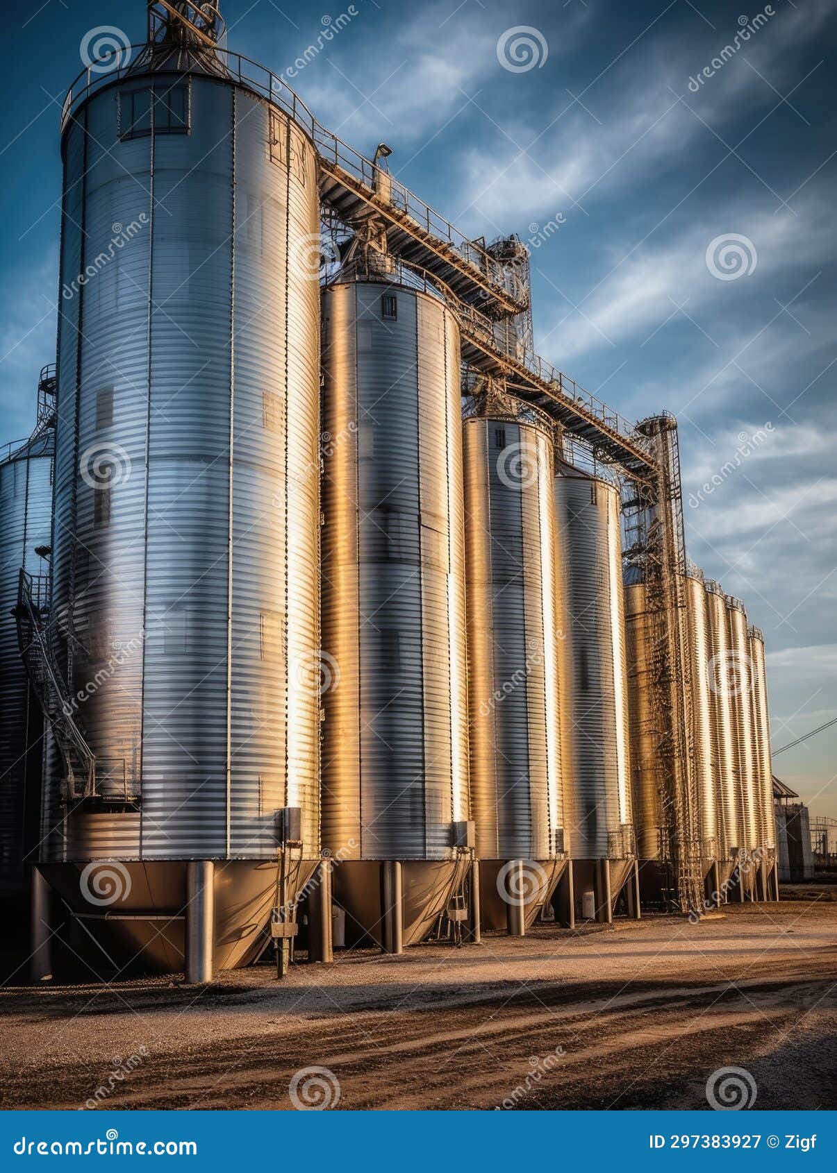 Large Grain Silo in the Middle of a Field with a Blue Sky and Clouds in ...