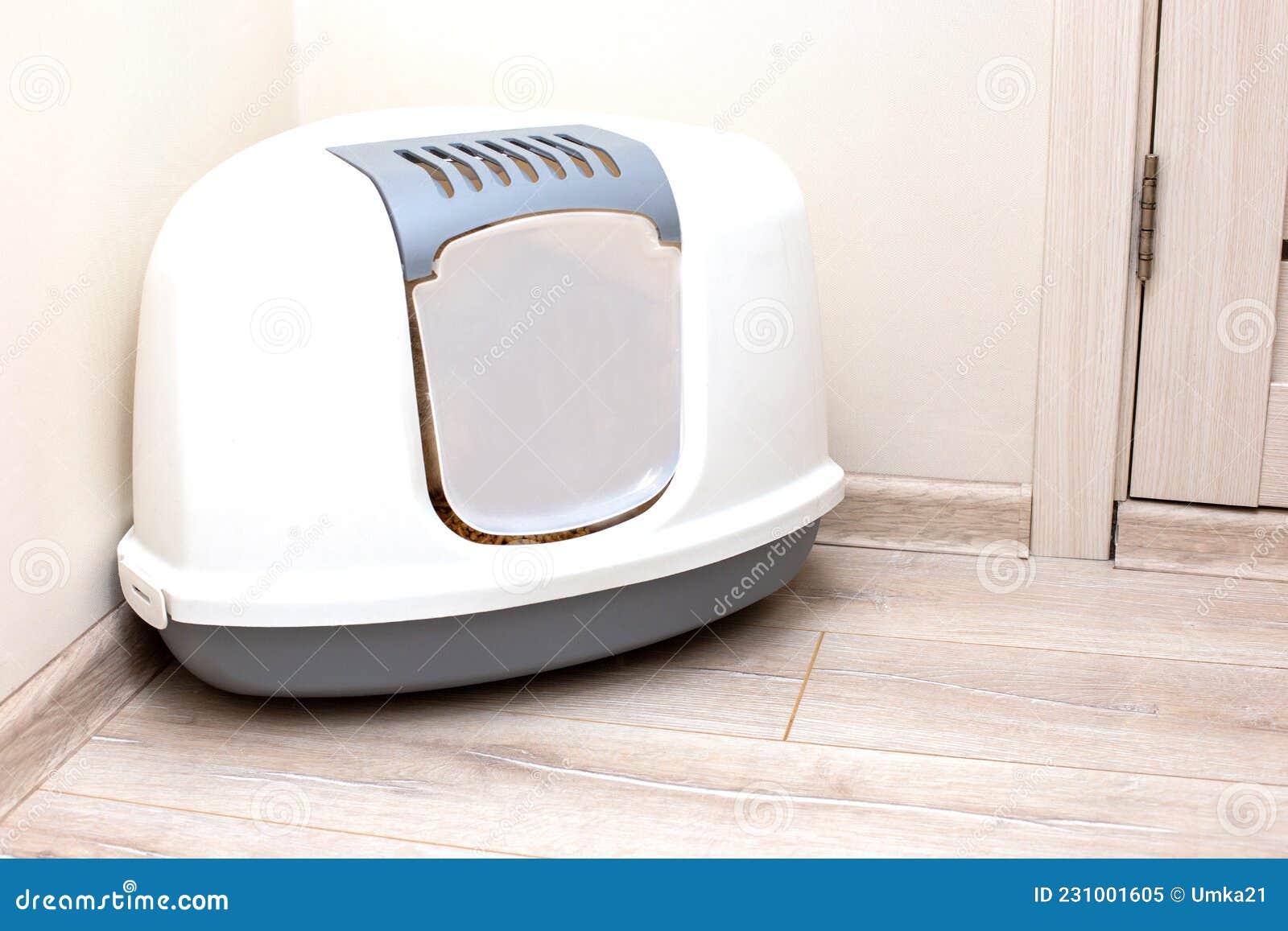 A Large, Gray, Triangular Plastic, Enclosed Litter Box for a Cat Stock ...