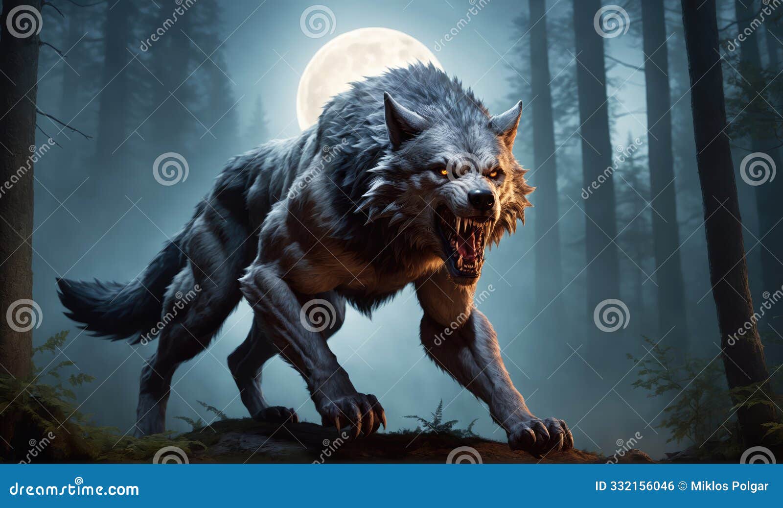 A Large Gray Wolf Snarls in a Dark Forest Under a Full Moon Stock Photo ...