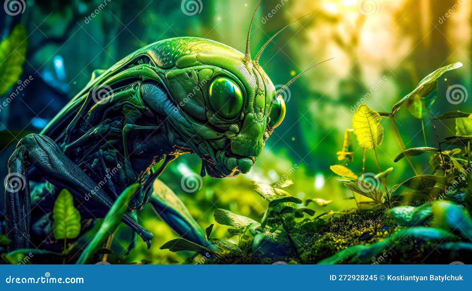 Large Green Insect Sitting on Top of Lush Green Forest. Generative AI ...