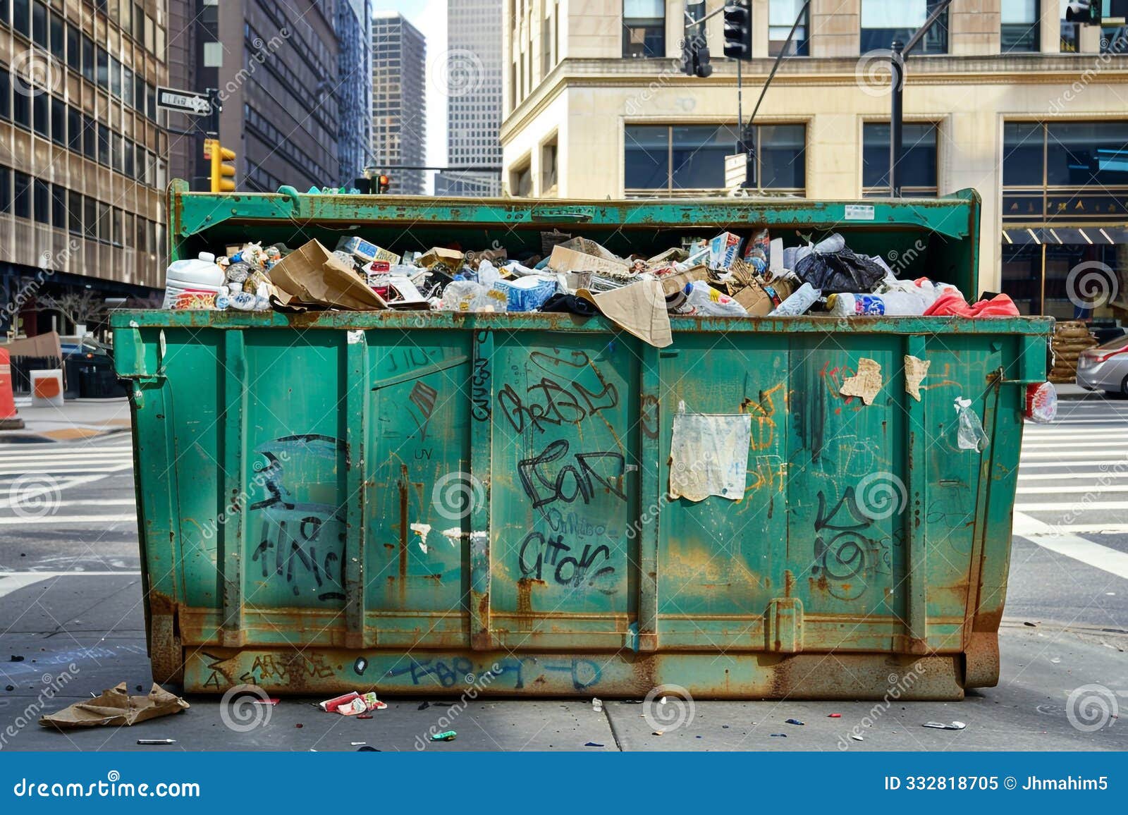 A Large Green Open Dumpster Filled with Assorted Trash Located in an ...