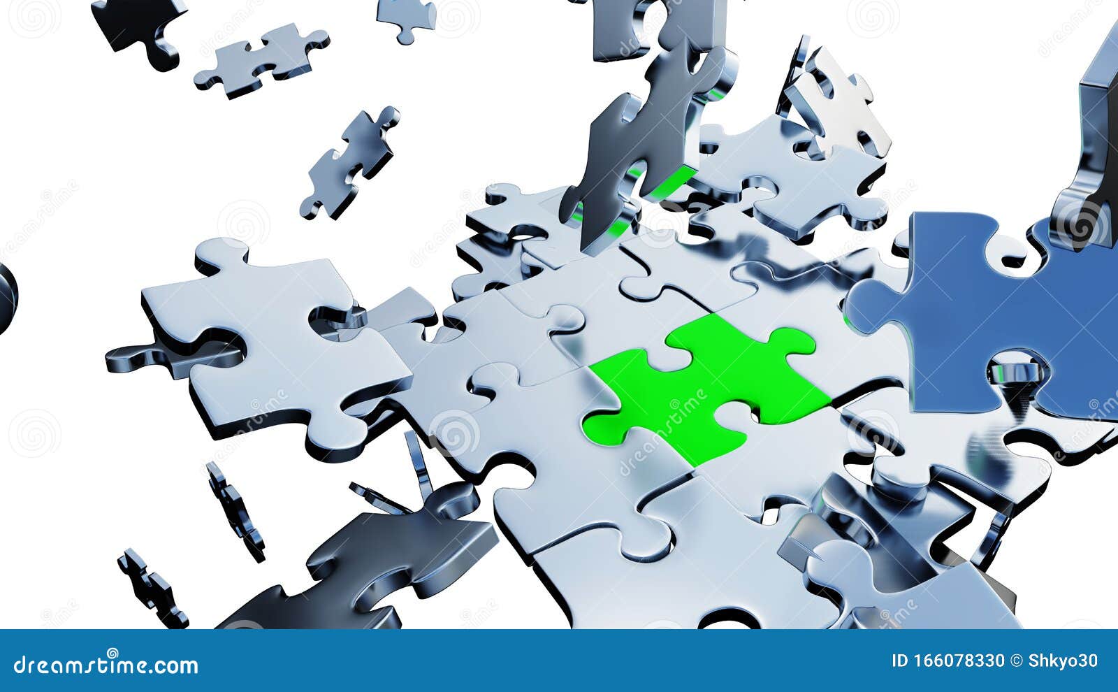 Large Green Piece of Puzzle almost Inserted between Lots of Silver ...