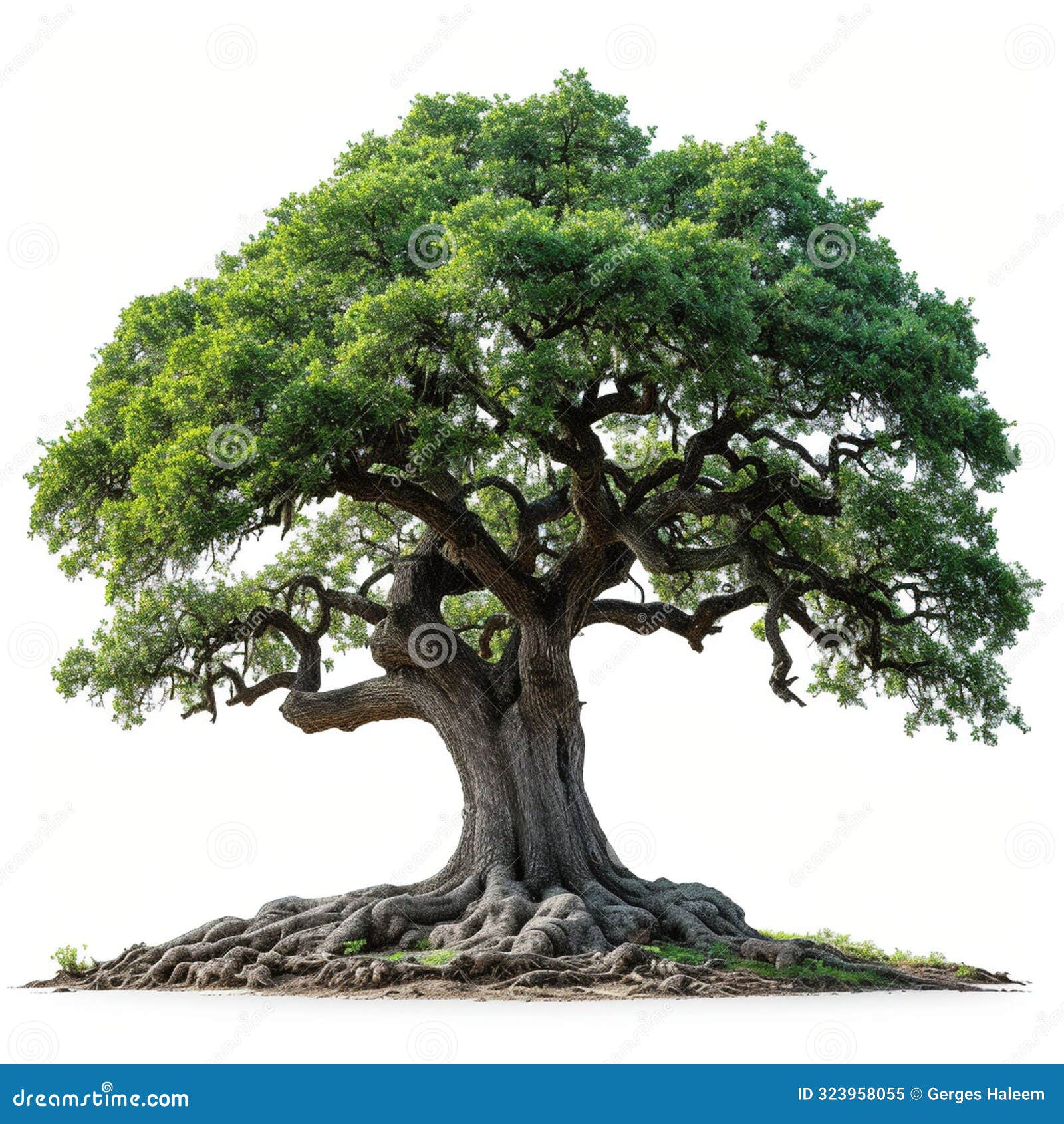 Large Green Tree with Exposed Roots Against a White Background Stock ...