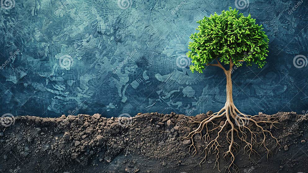 Large Green Tree with Visible Roots Below on Natural Background for ...