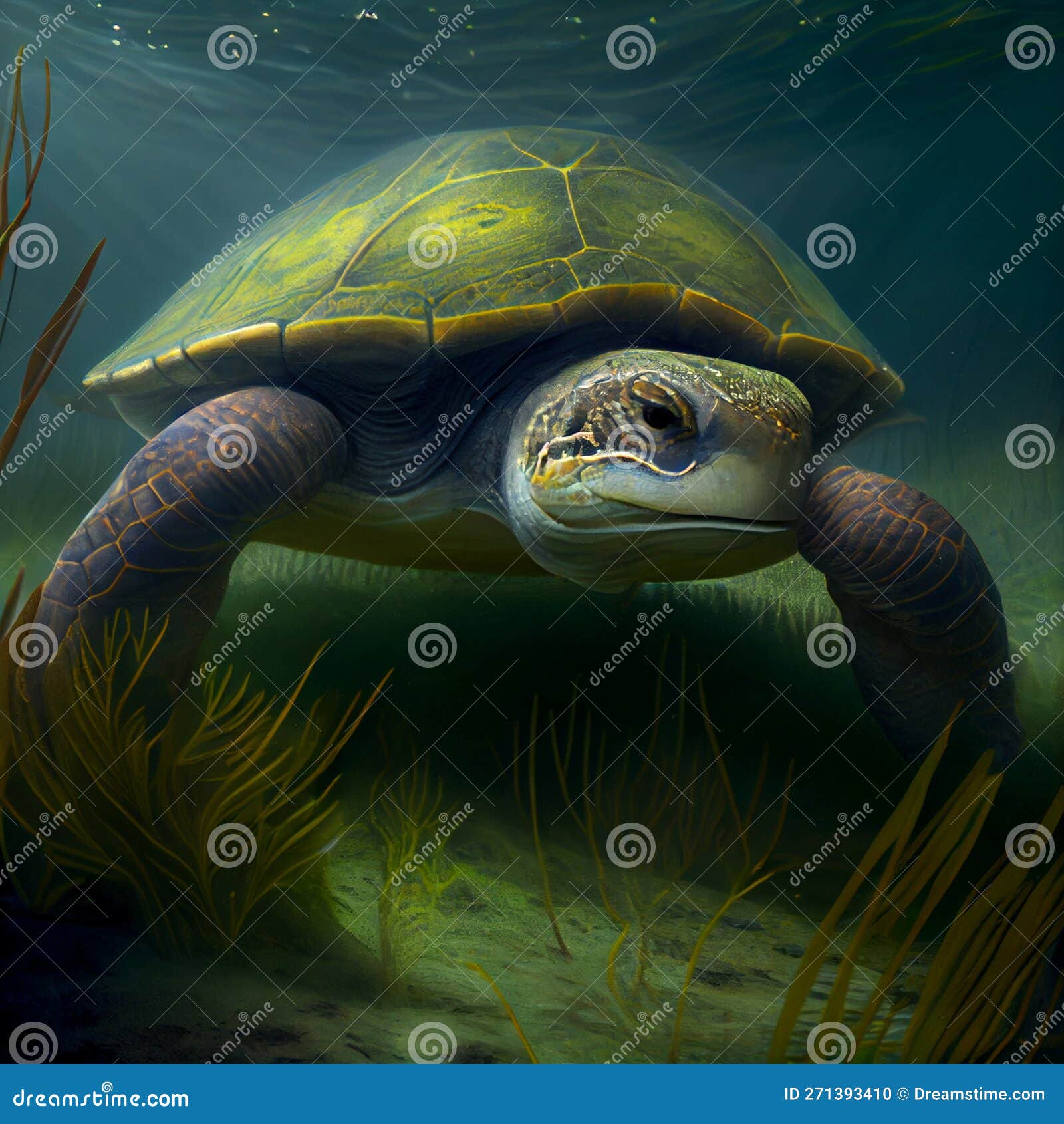 A Large Green Turtle Swims on the Sandy Bottom of a Pond between Algae ...