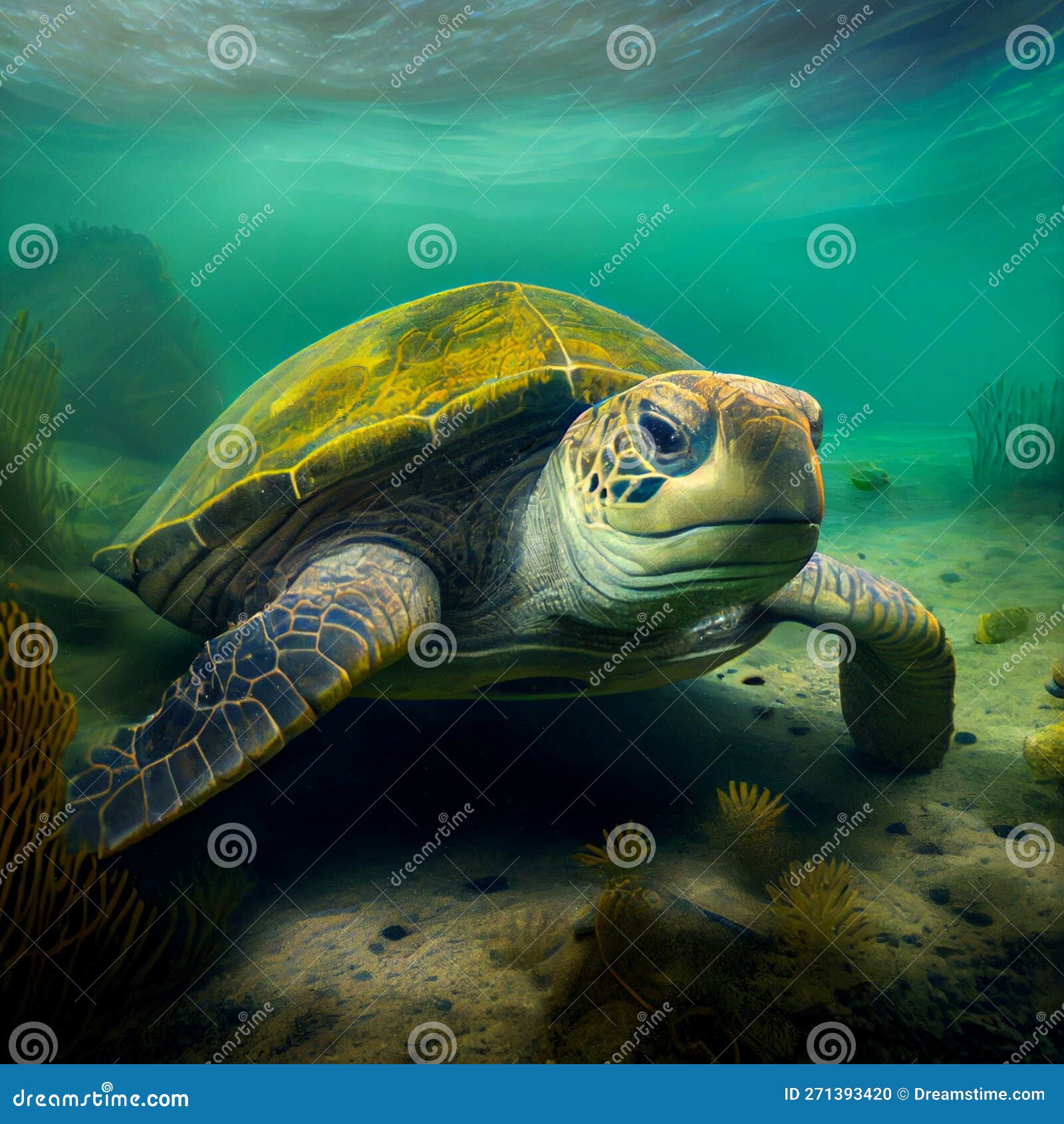 A Large Green Turtle Swims on the Sandy Bottom of a Pond between Algae ...