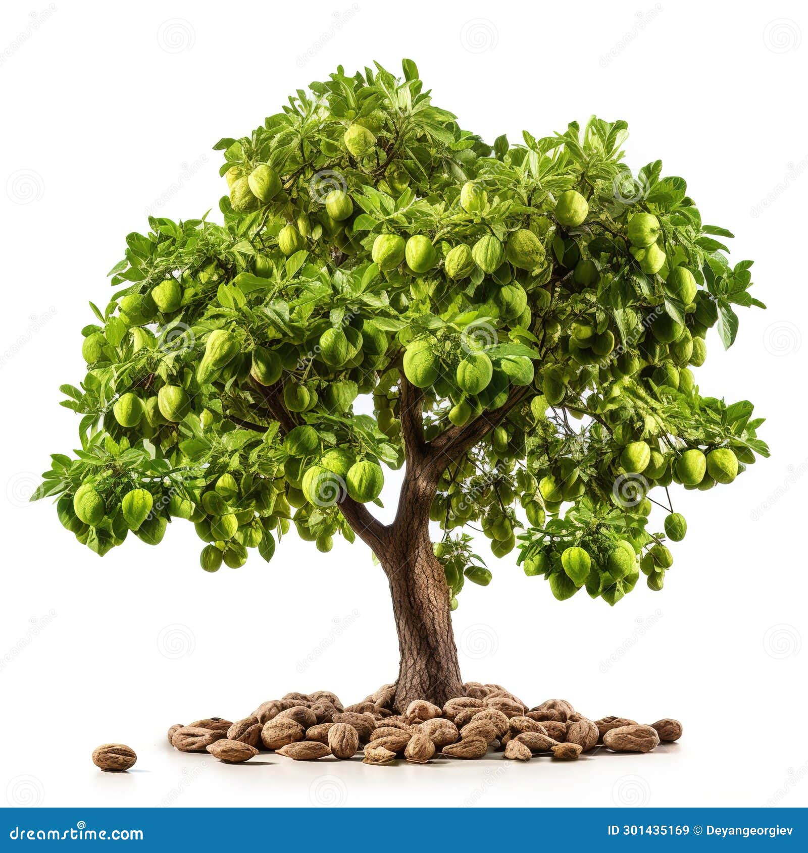 A Large Green Walnut Crown of a Tree with Walnuts Isolated on White ...