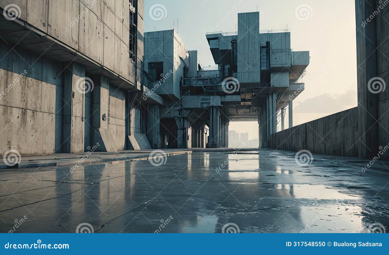 A Large Grey Building with a Long Hallway and a Large Open Area in ...