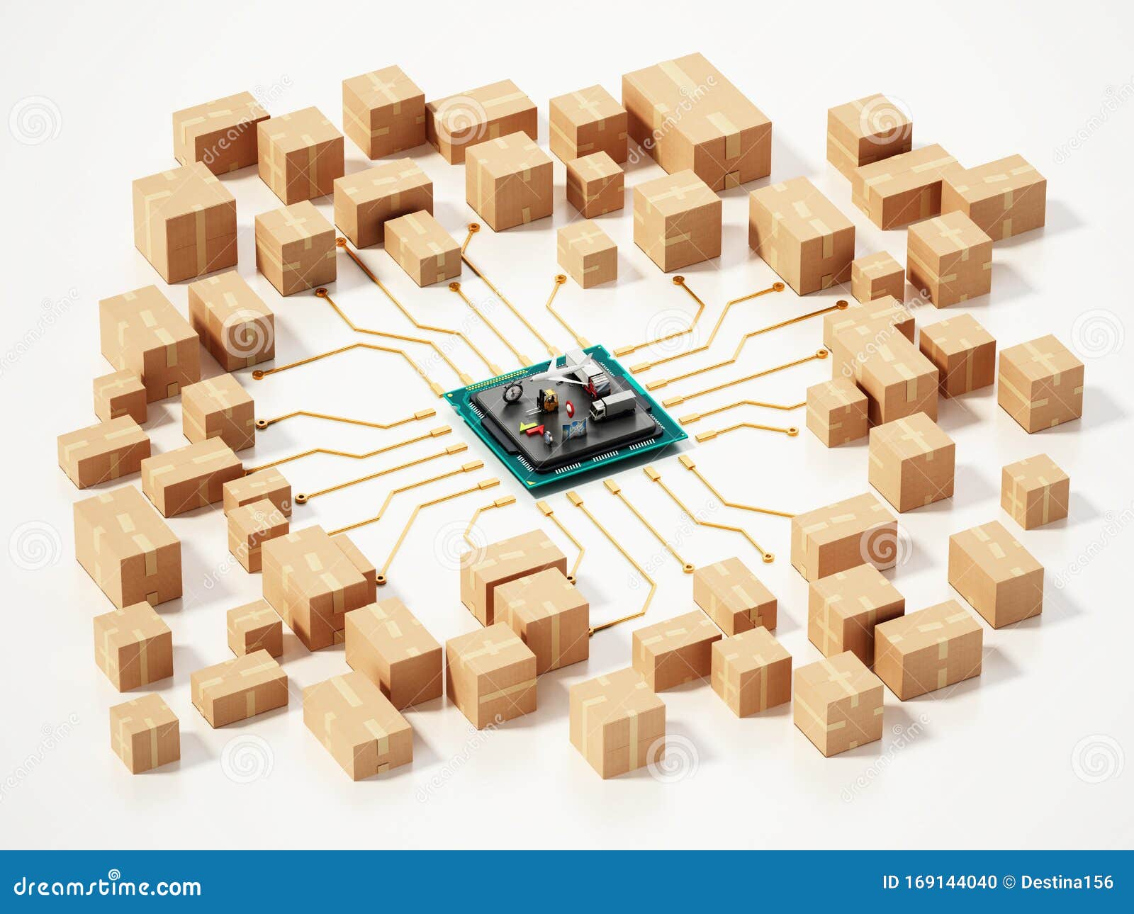Large Group of Cardboard Boxes Connected To Microchip. 3D Illustration ...