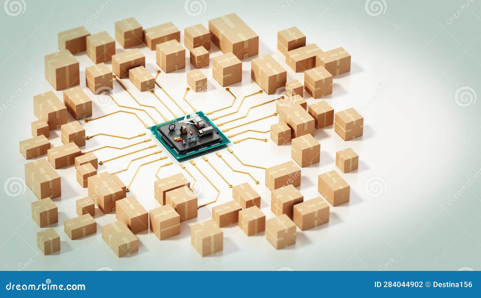 Large Group of Cardboard Boxes Connected To Microchip. 3D Illustration ...