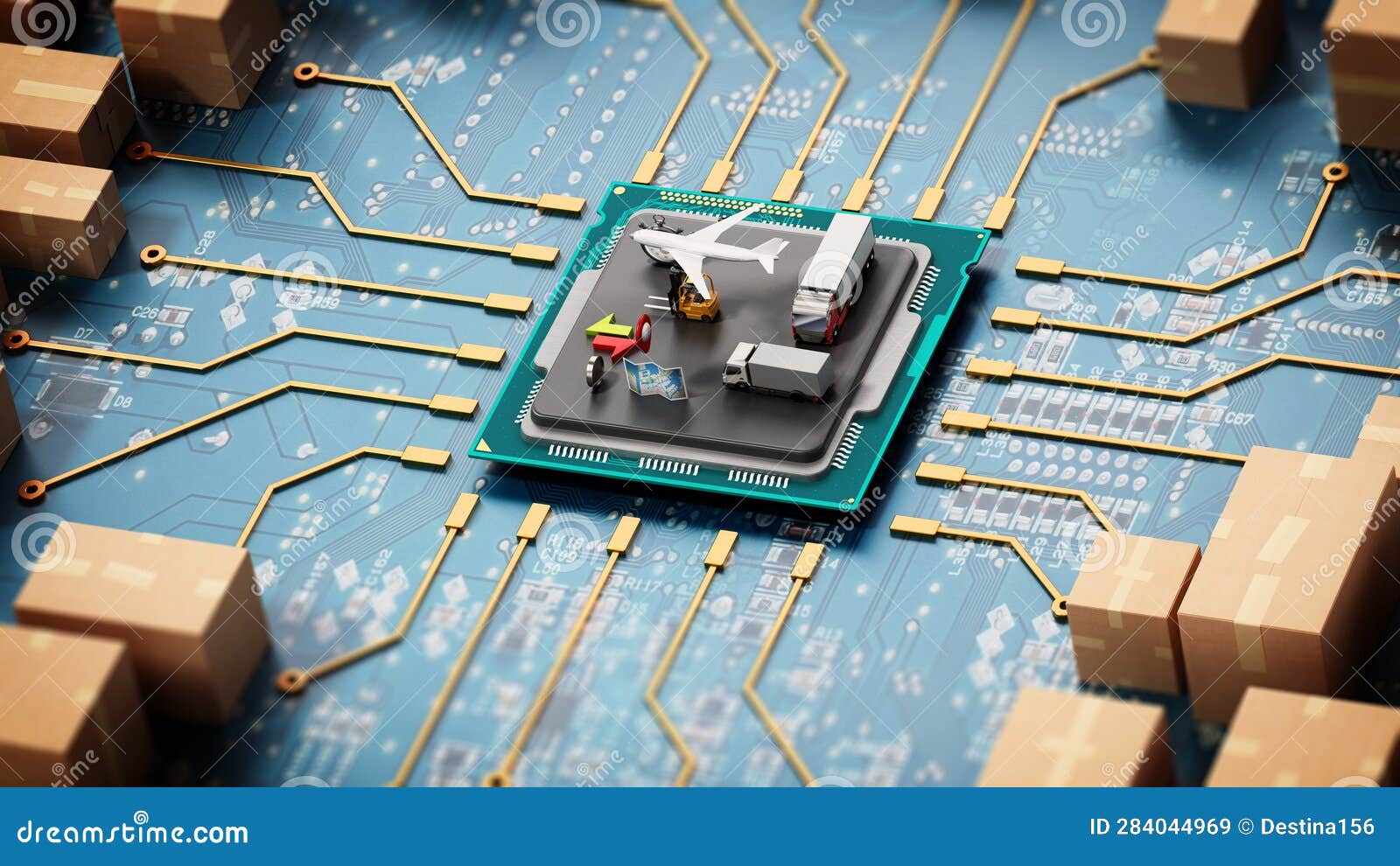 Large Group of Cardboard Boxes Connected To Microchip. 3D Illustration ...