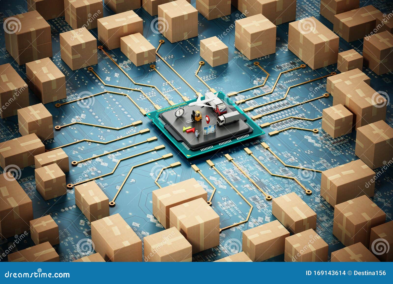 Large Group of Cardboard Boxes Connected To Microchip. 3D Illustration ...