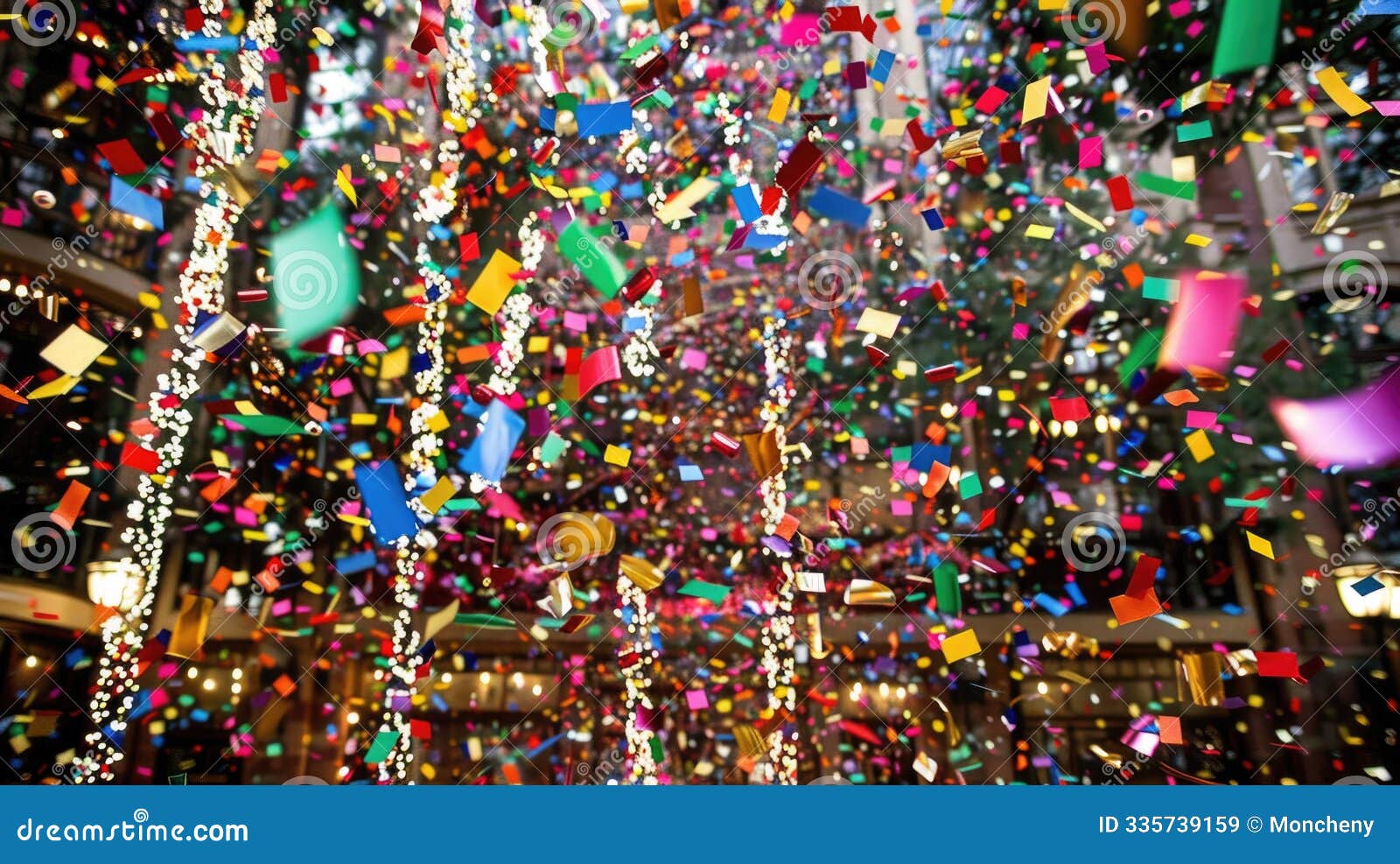 A Large Group of Colorful Confetti Falling from the Ceiling in a ...