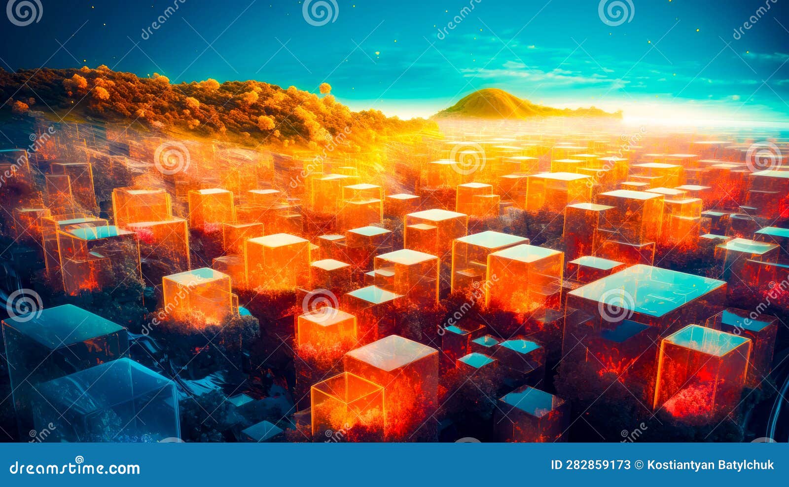 Large Group of Cubes in the Middle of Field with Mountain in the ...