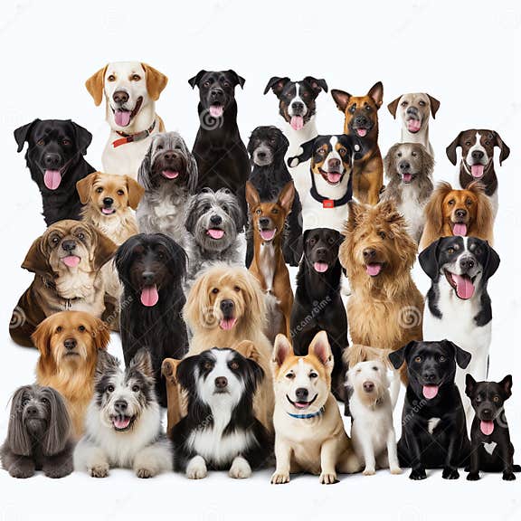 Large Group of Different Dogs in Front of a White Background Stock ...