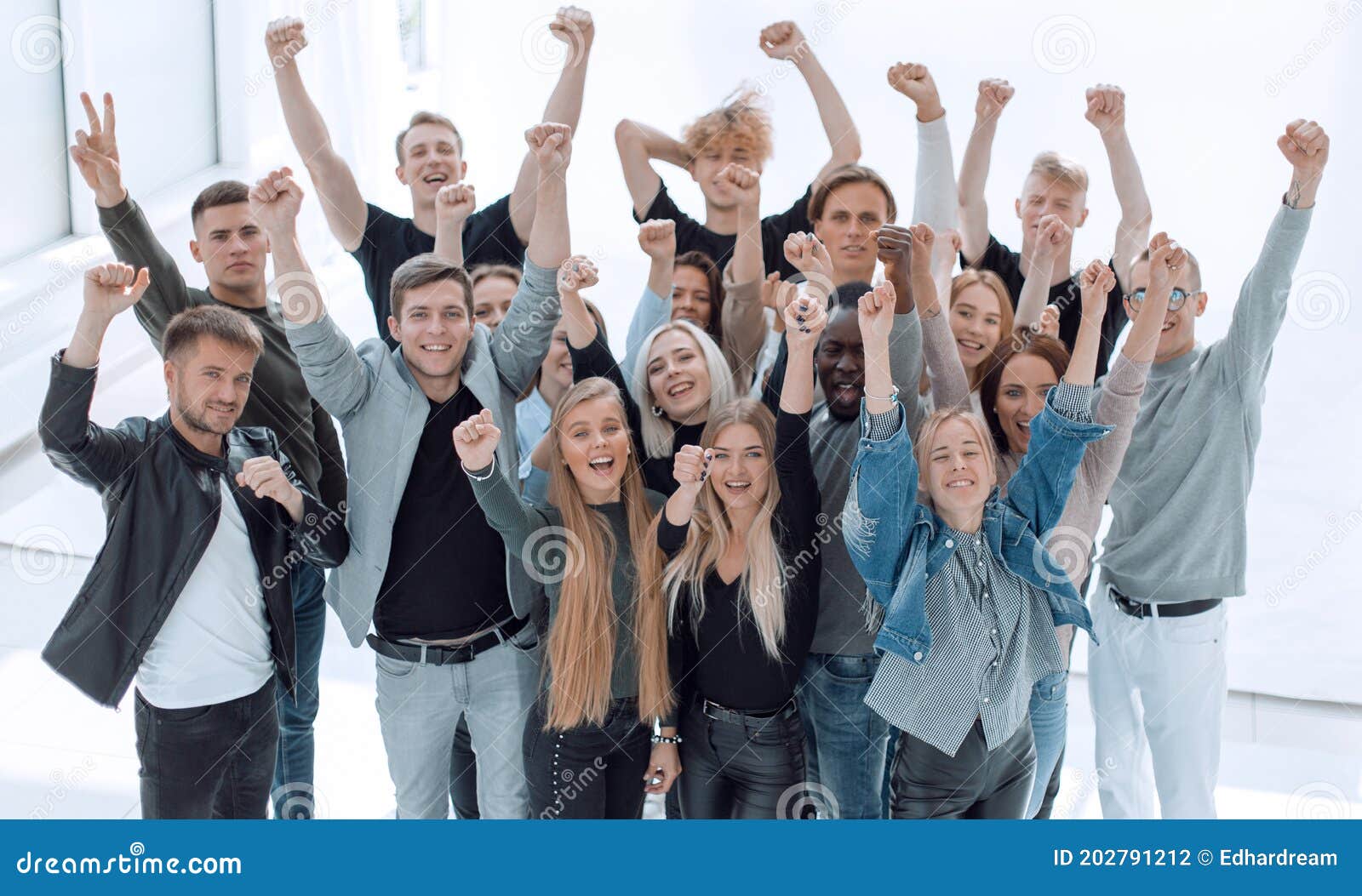 Large Group of Happy Young People with Hands Up Stock Photo - Image of ...