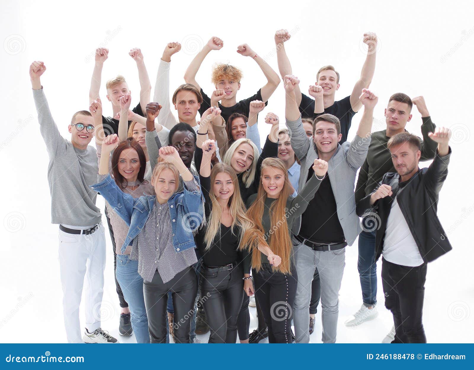 Large Group of Happy Young People with Hands Up Stock Photo - Image of ...