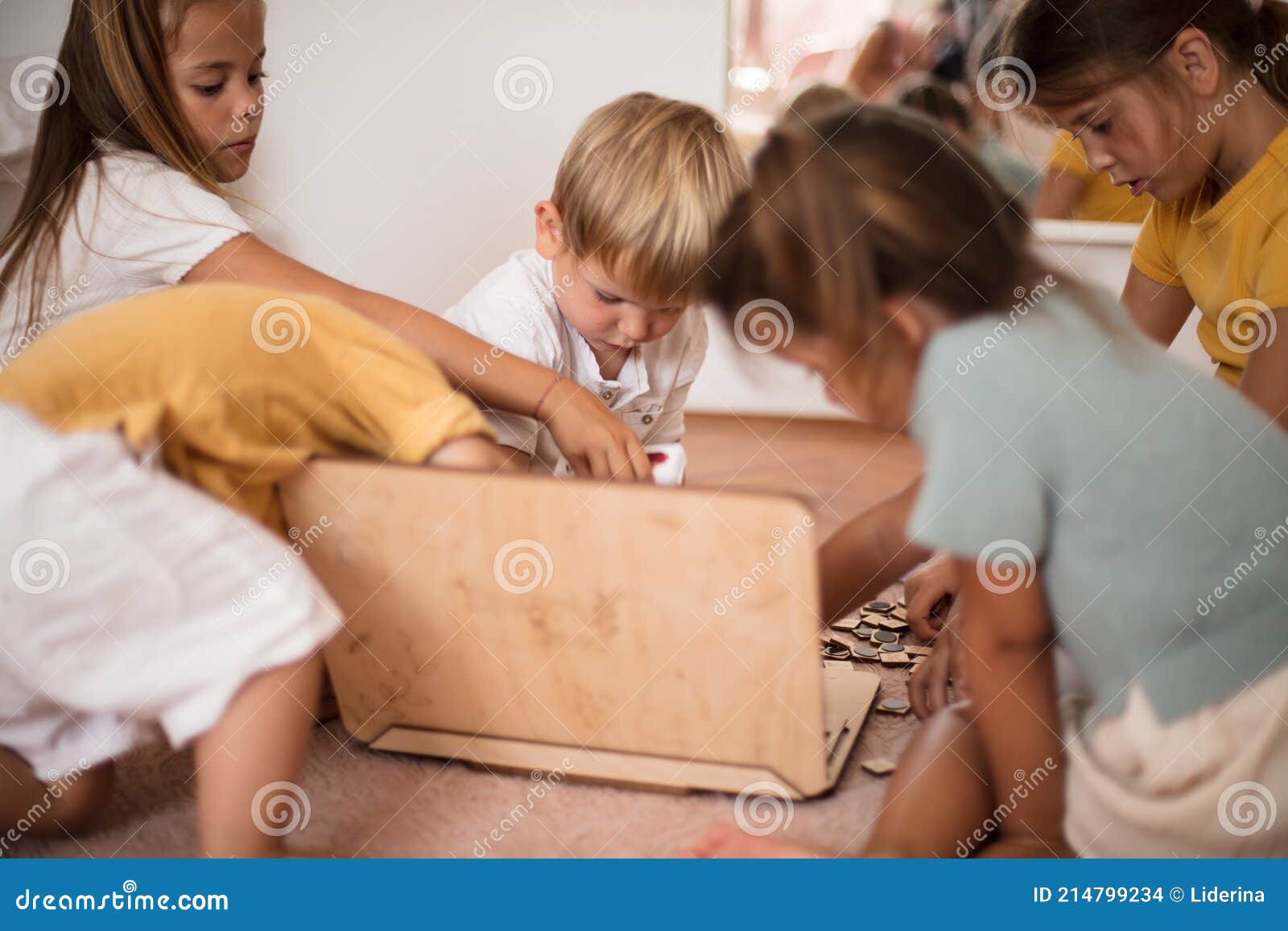 Large Group of Kids Playing Interactive Games in Bedroom. Stock Photo ...