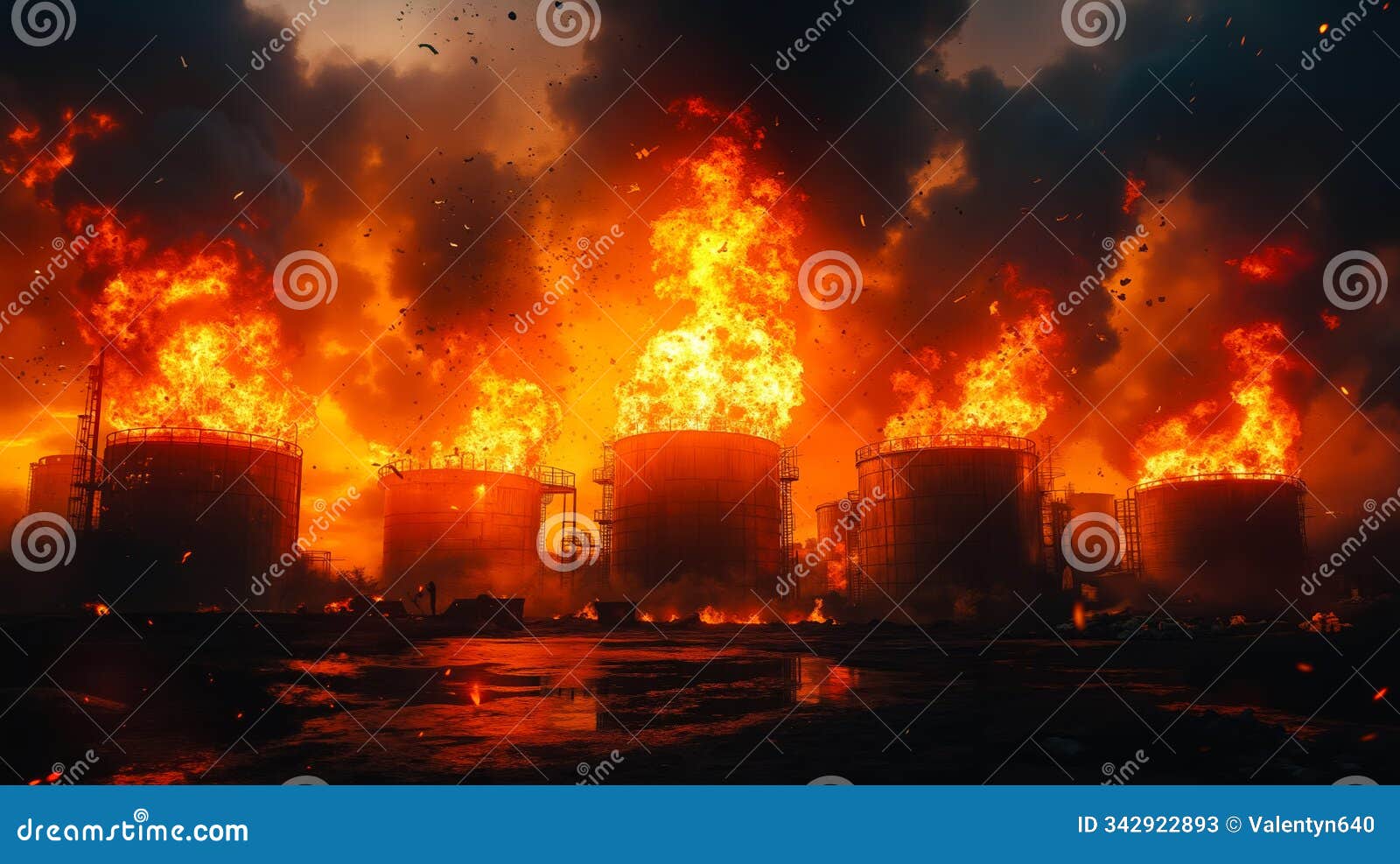 A Large Group of Oil Tanks on Fire in an Oil Field Stock Image - Image ...