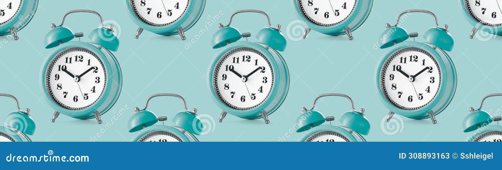 Large Group of Old-style Alarm Clocks on a Plain Background. Banner ...