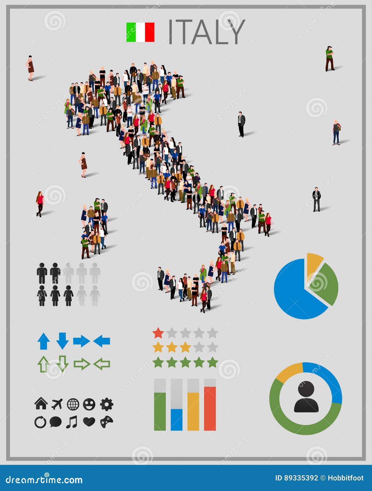Large Group of People in Form of Italy Map with Infographics Elements ...