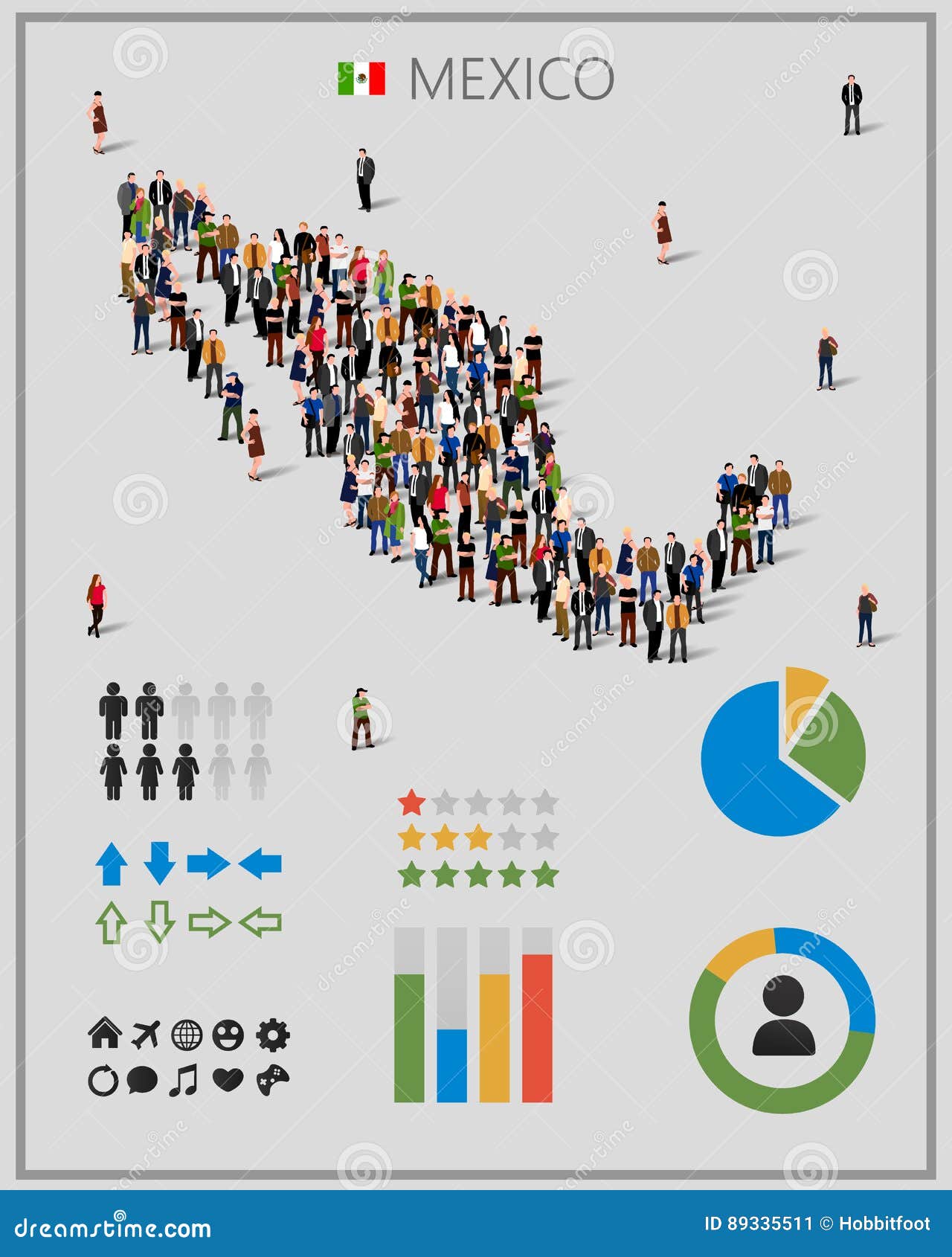 Large Group of People in Form of Mexico Map with Infographics Elements ...